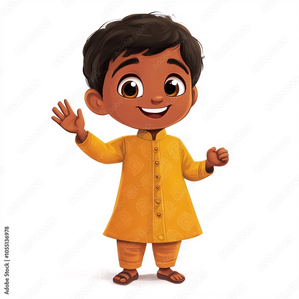 An Indian cartoon boy with a bindi, wearing a kurta and waving Stock ...