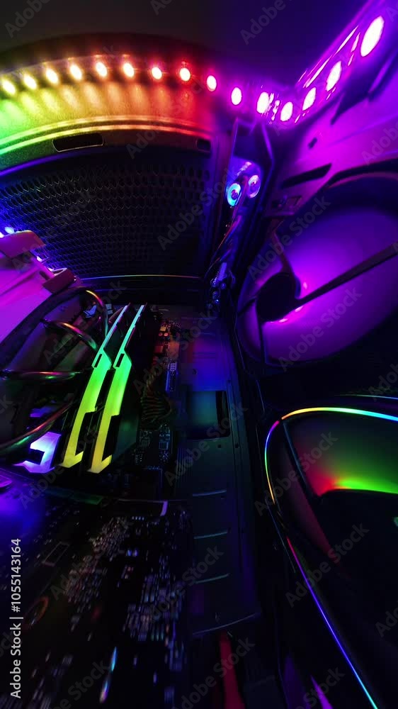 Vertical video. A super wide-angle view inside a gaming PC, showing ...