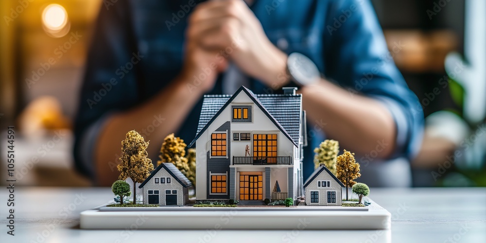 model house in the table and man behind the house think about his ...