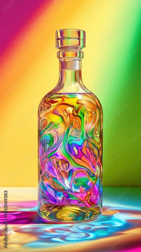 A clear liquor bottle displays a vibrant mix of colors, set against a ...