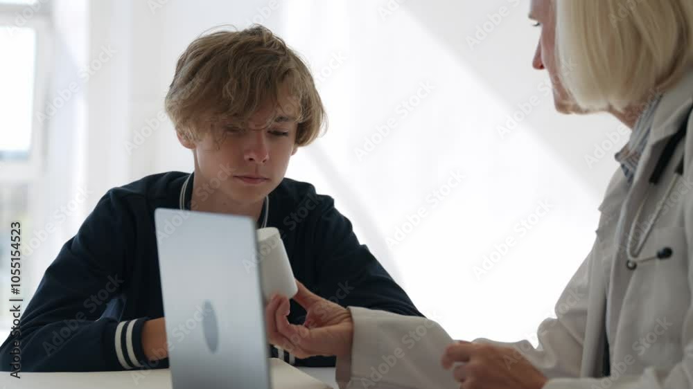 Sad upset kid child patient sitting at doctor's office talking to ...