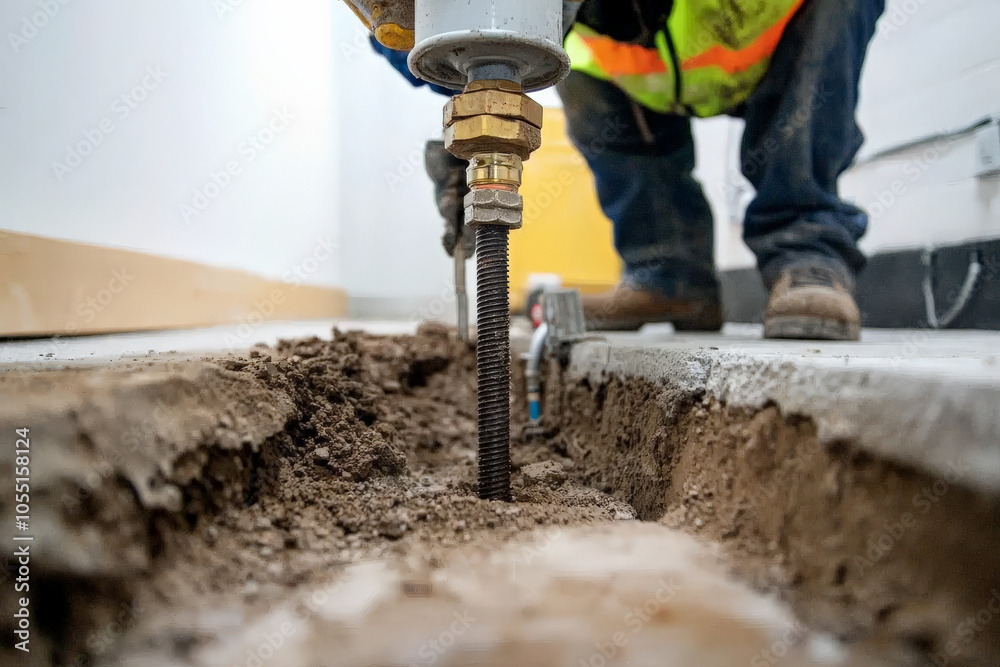 Detailed shot of worker using tool in trench for plumbing installation ...