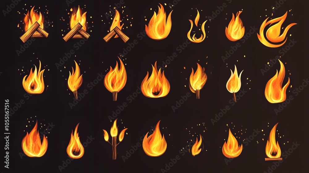 2410 114.A variety of fire flame icons in vector format, featuring ...