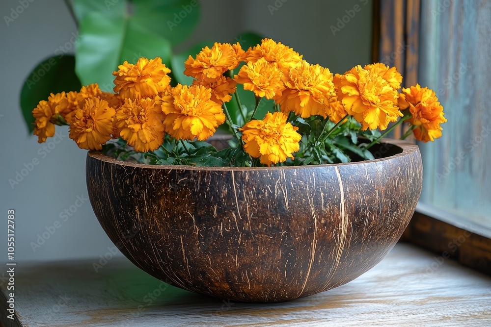 Orange marigold flowers growing in coconut shell bowl on window sill ...