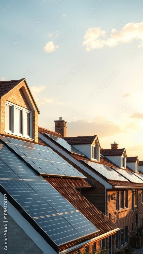 Rooftops at sunset, residential neighborhood, dormer windows, slanted ...