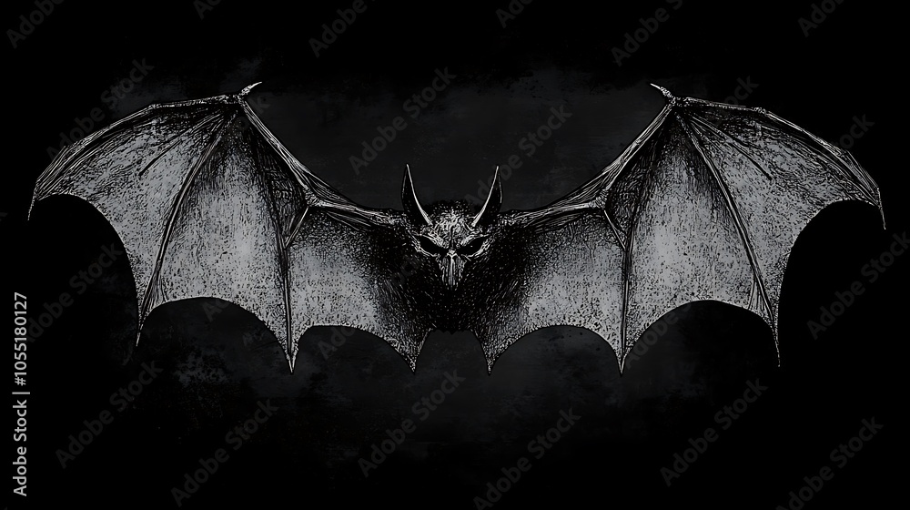 A detailed drawing of a bat with outstretched wings, facing the viewer ...