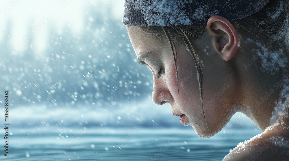 Profile Shot of Swimmer Looking Down at the Icy Water, with frost on ...