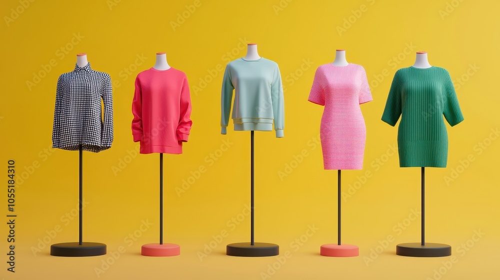 A set of colorful clothing displayed on mannequins against a bright ...