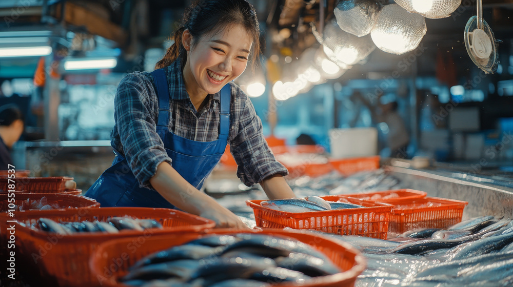 Smiling young Asian woman in a blue apron handling fish in red baskets ...