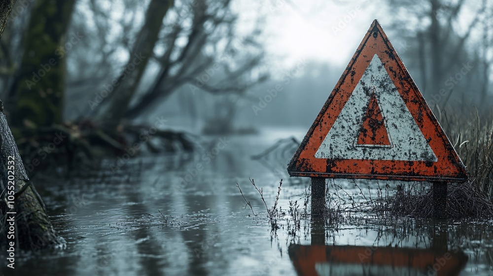2410 89.A close-up of a warning sign on a submerged park path, the sign ...