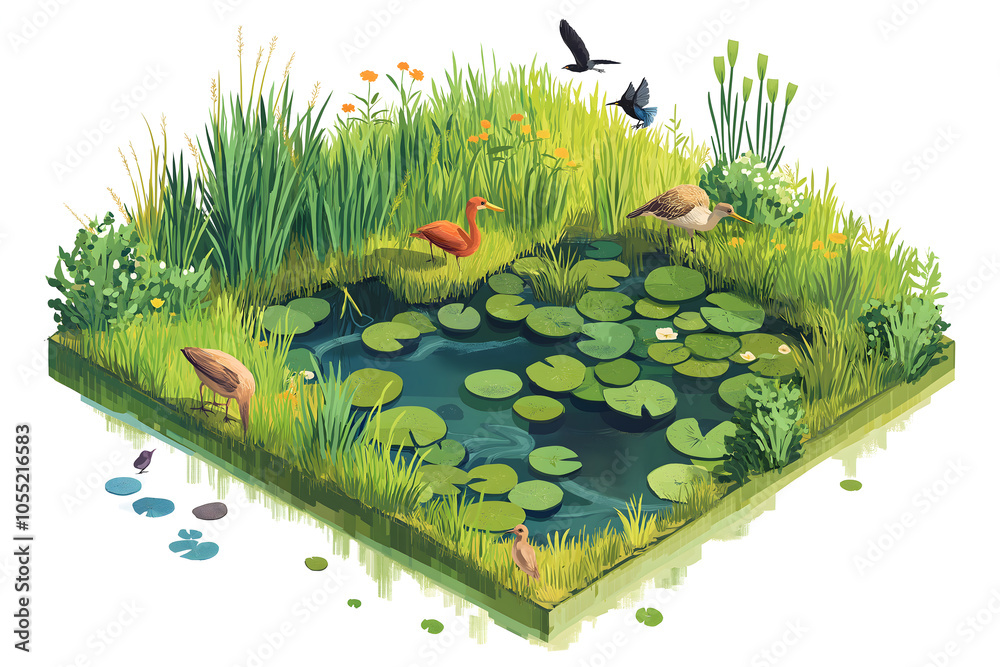 isometric Wetland habitat with tall grasses, water lilies, and birds ...