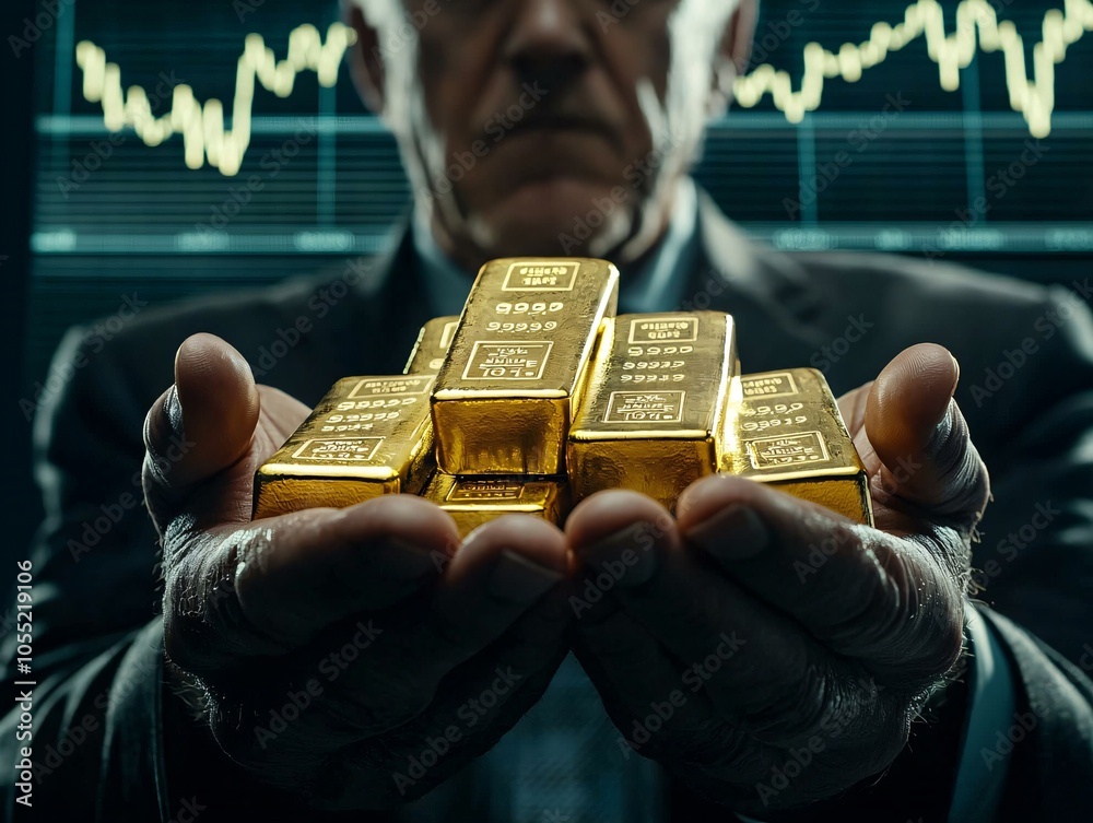 Professional photo of an investor holding gold bars, stock graphs in ...