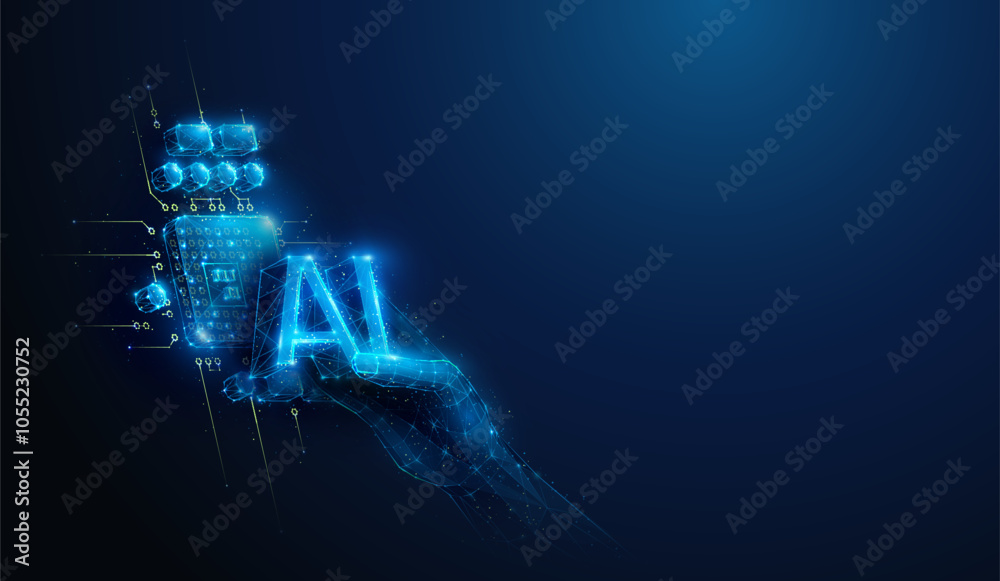 Abstract illustration of low poly hand putting AI technology to cpu ...