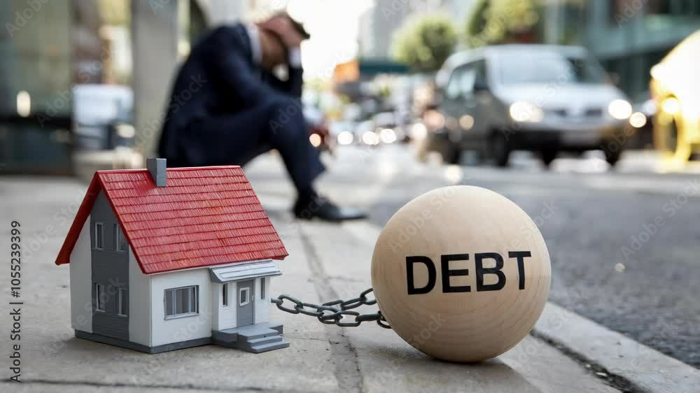 A visual metaphor showing the burden of debt with a house and a chained ...