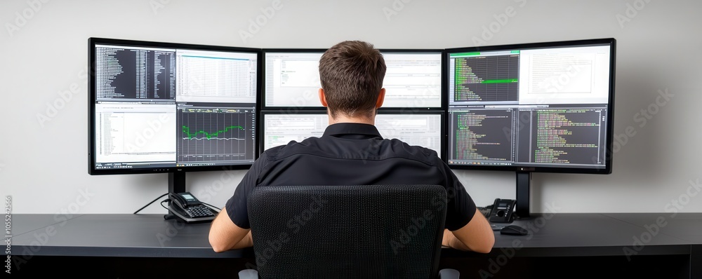 3D rendering of an inventory control room with multiple screens showing ...