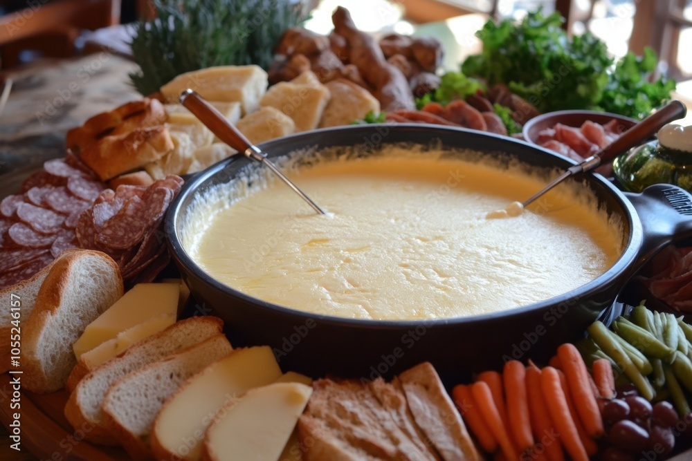 A gourmet cheese fondue setup with a bubbling pot of melted cheese ...