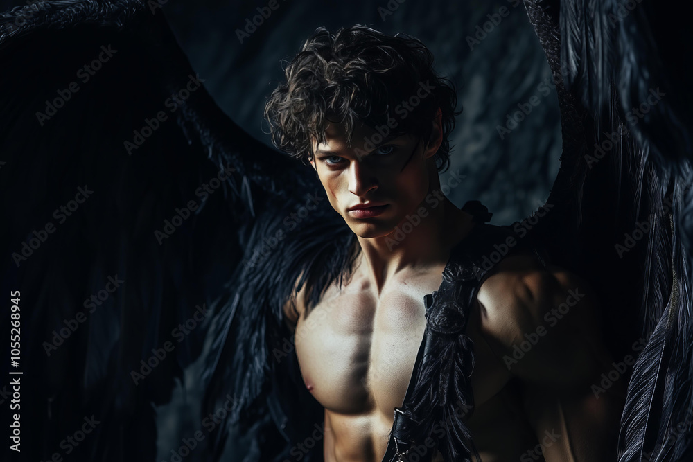 handsome young brutal masculine brunette man with black demon bat wings ...