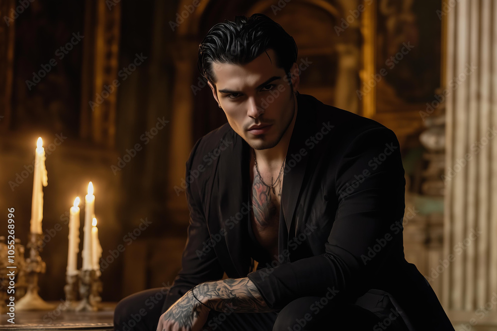handsome young man , fictional dark romance fantasy character with ...