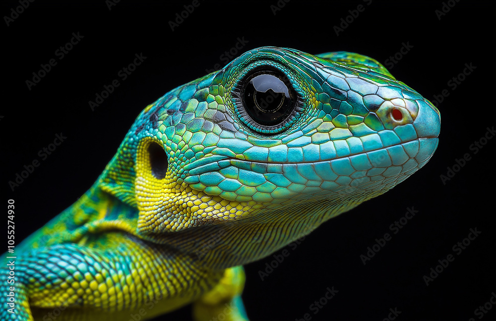 Photograph of a green and blue lizard, with a yellow belly and black ...