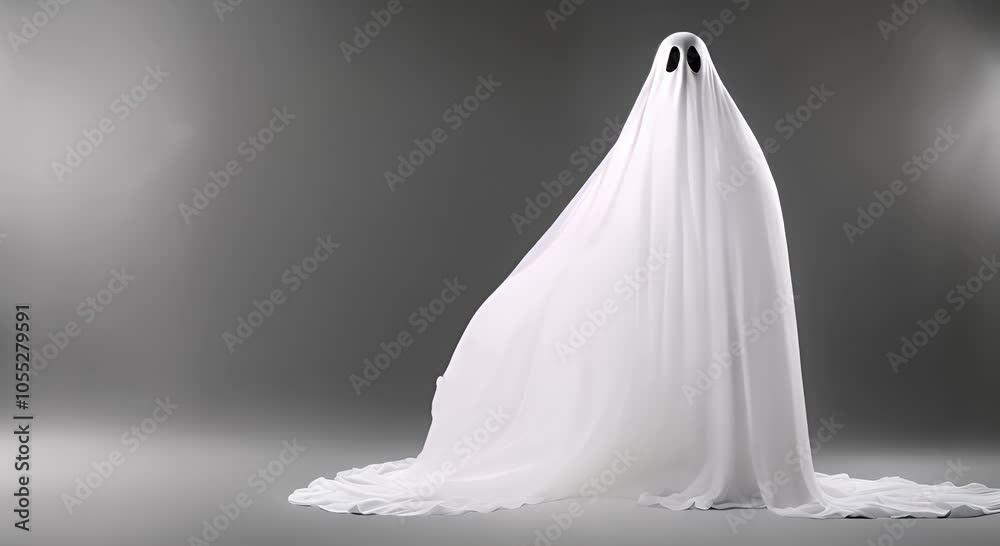 White scary ghost figure draped in white sheets with hollow black eyes ...