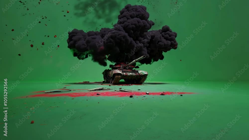 Close up 3D visualisation of Military tank explosion on green screen ...