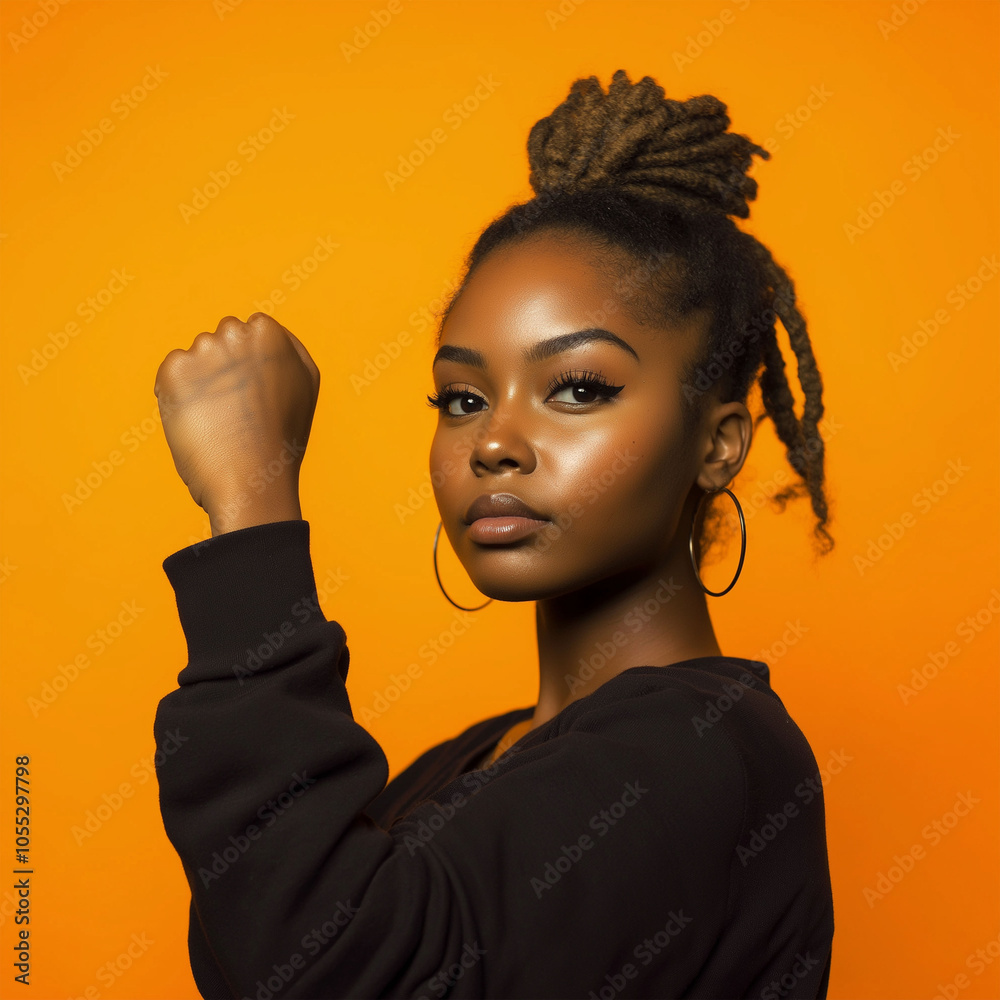 Young black woman raising her fist in a powerful pose against an orange ...