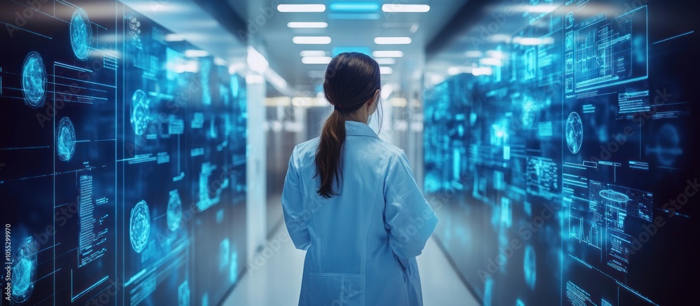 Woman in white lab coat walking through a futuristic hallway with ...