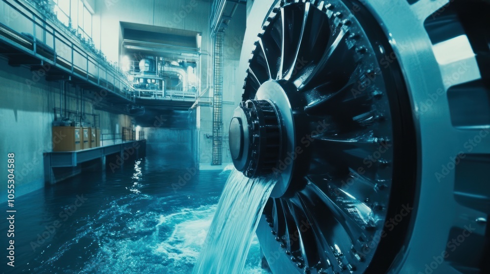 High-capacity water turbine at a power station, focusing on large-scale ...