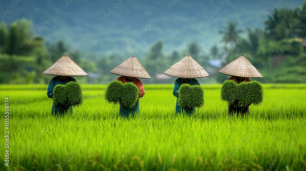 Workers harvesting rice in lush green fields, wearing traditional hats ...