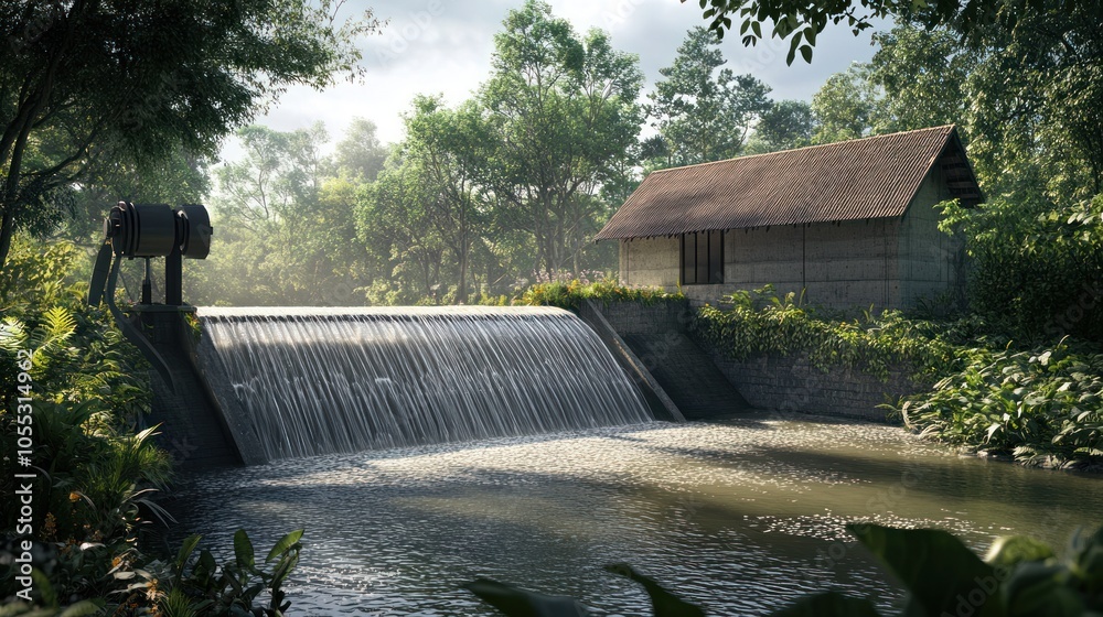 Rural hydropower setup with a small water turbine, providing renewable ...