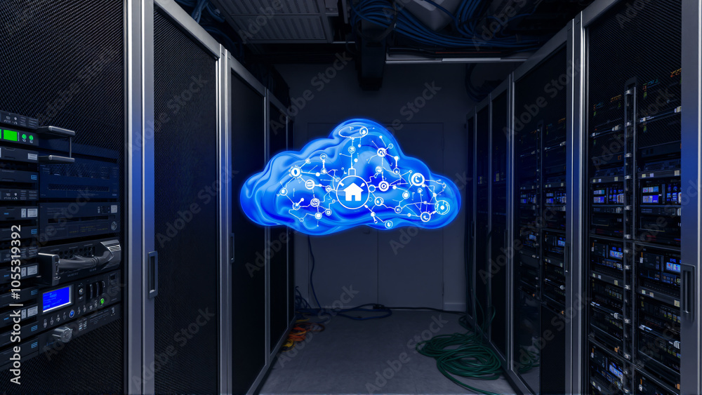 A blue digital cloud network visualization amidst rows of server racks ...