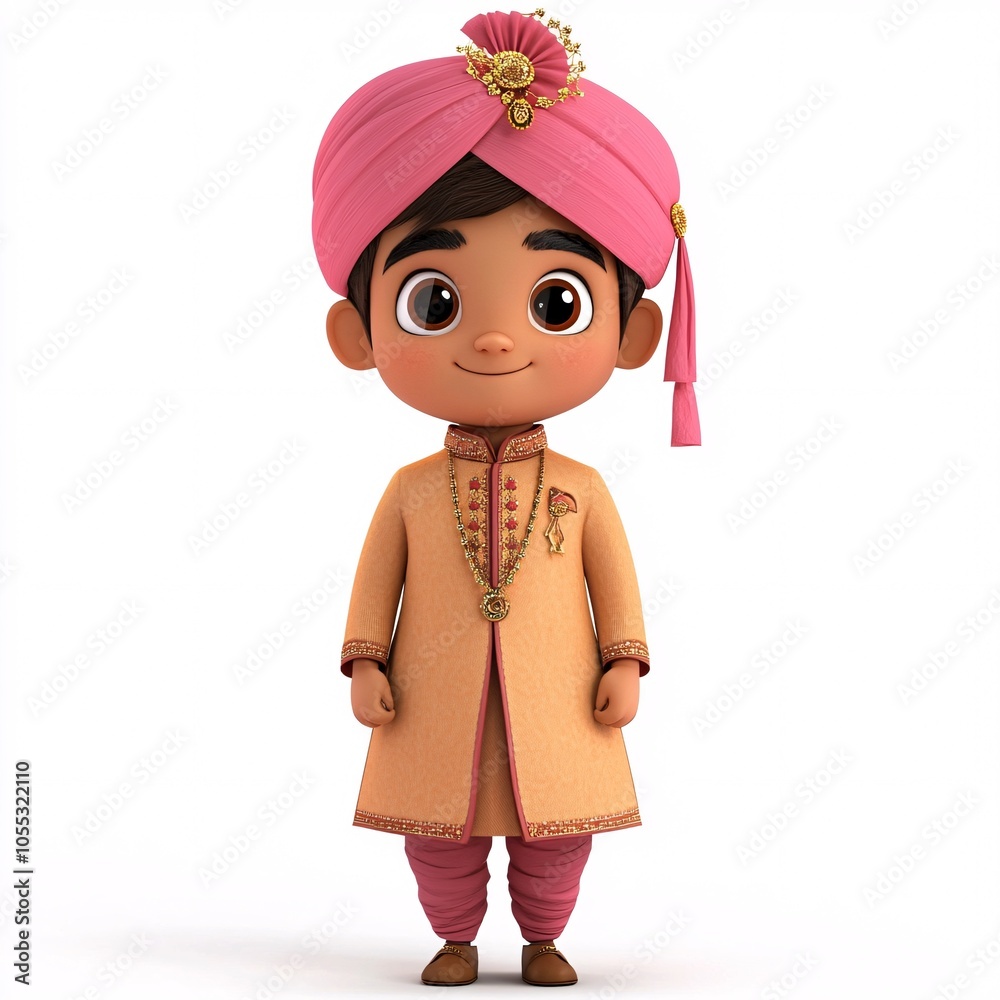 An Indian cartoon boy wearing a sherwani and turban, ready for a ...
