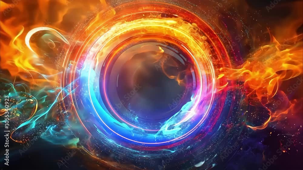 A vibrant swirl of colors with blue and orange flames forming a ...