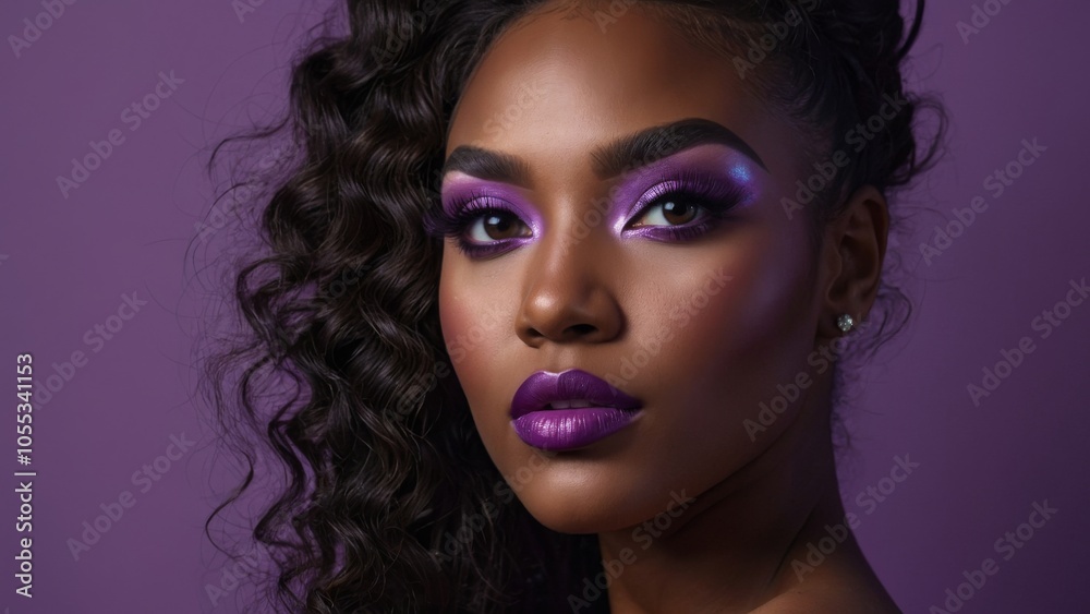 African American fashion Model with Purple Makeup on Purple Background ...