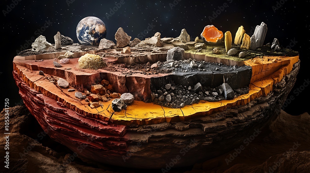 A detailed cross-section of Earth showing various rock types and ...