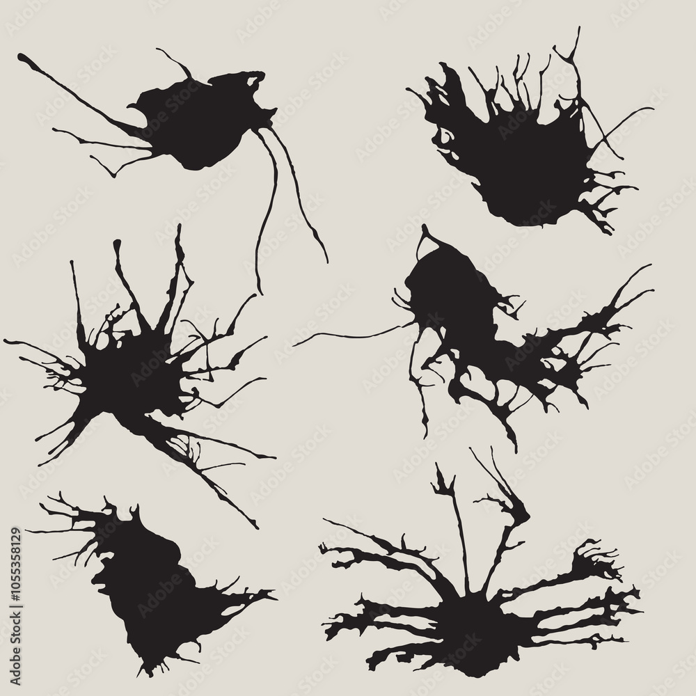Ink drops and splashes, blotter spots, liquid paint drips, splatters ...