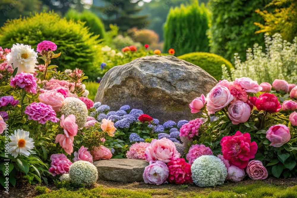 A large rock or boulder is surrounded by a stunning flower border ...
