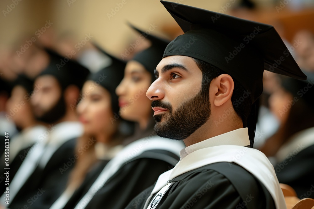 Graduates wearing caps at a commencement ceremony in an auditorium ...