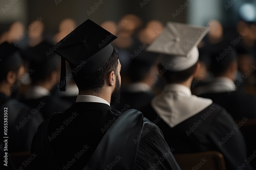 Graduates wearing caps at a commencement ceremony in an auditorium ...