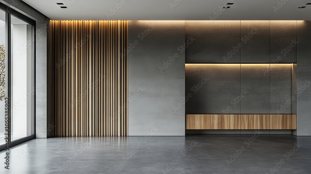 Spacious modern empty room featuring gray slatted accent wall and ...