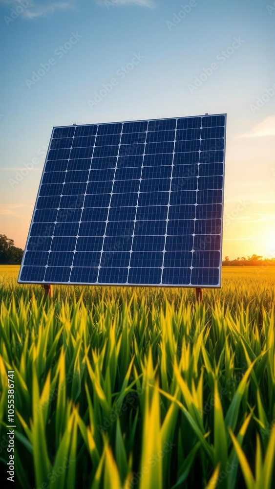 Solar panel, golden wheat field, sunset sky, renewable energy, rural ...