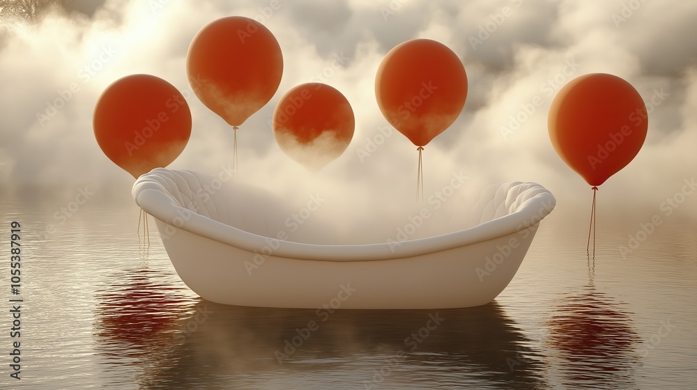 A white bathtub filled with water and red balloons floating above it ...