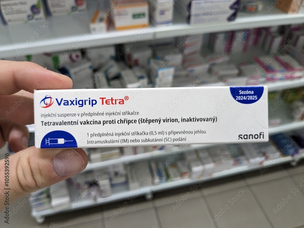Prague,Czech republic- October 14 2023:Pharmacy concept-Vaxigrip tetra ...