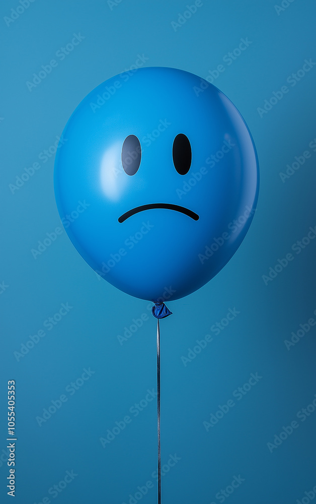 blue balloon balloon with sad emoji face on light blue background, sad ...