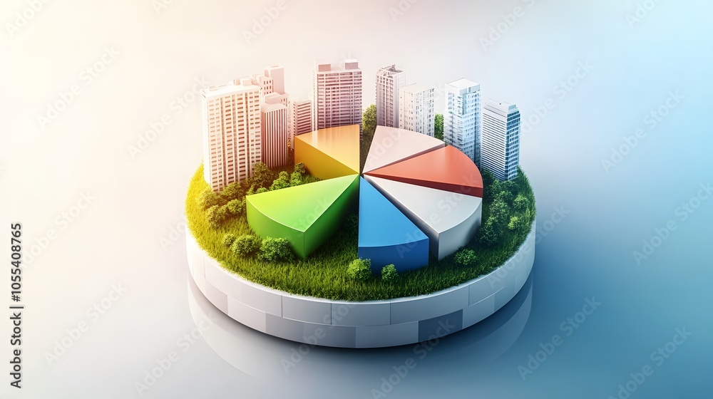A modern 3D floating pie chart with 7 pieces divided into 65%,13%,7%,5% ...