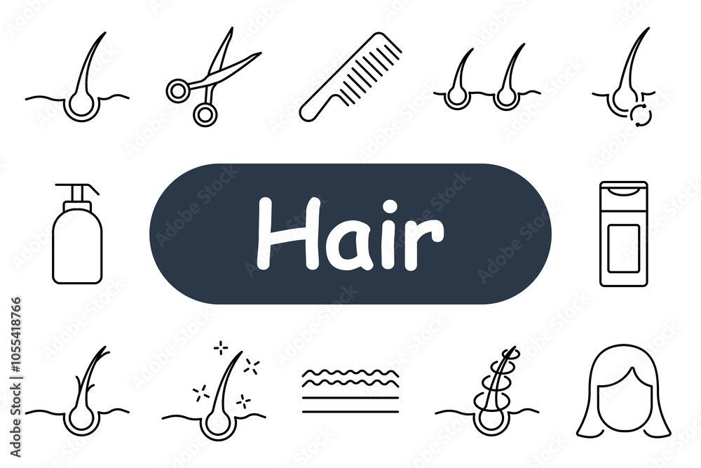 Hair set icon. Hair follicle, scissors, comb, shampoo, conditioner ...