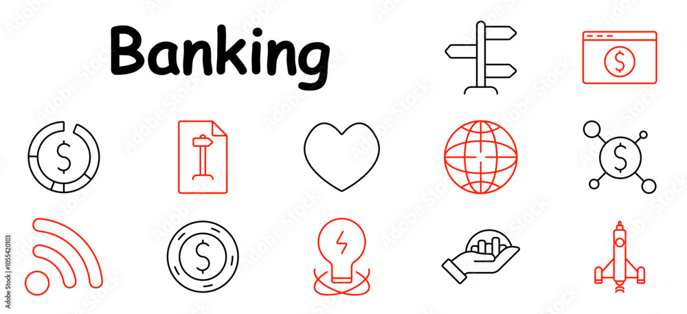 Banking set icon. Currency, document, heart, globe, connection, signal ...