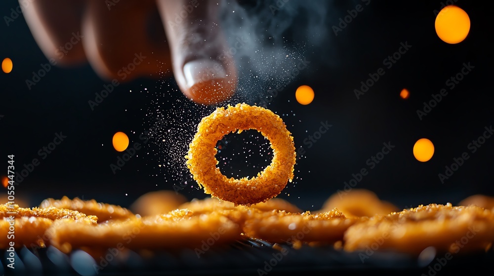 Hand pulling air fryer drawer filled with crispy onion rings, golden ...