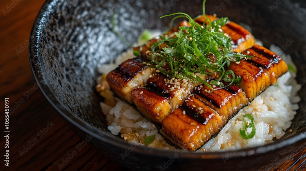 A dish of unagi don, grilled eel glazed with a sweet soy sauce, served ...
