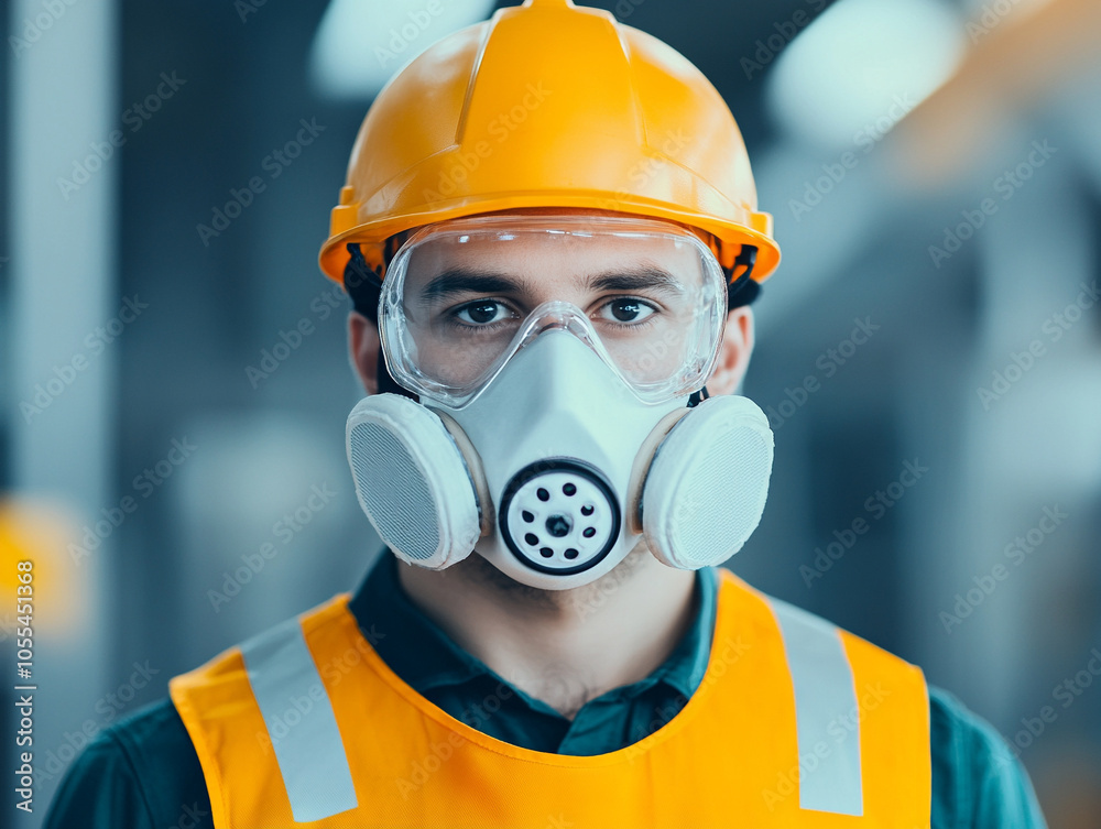 Worker wearing a helmet and mask, safety precautions in industrial ...